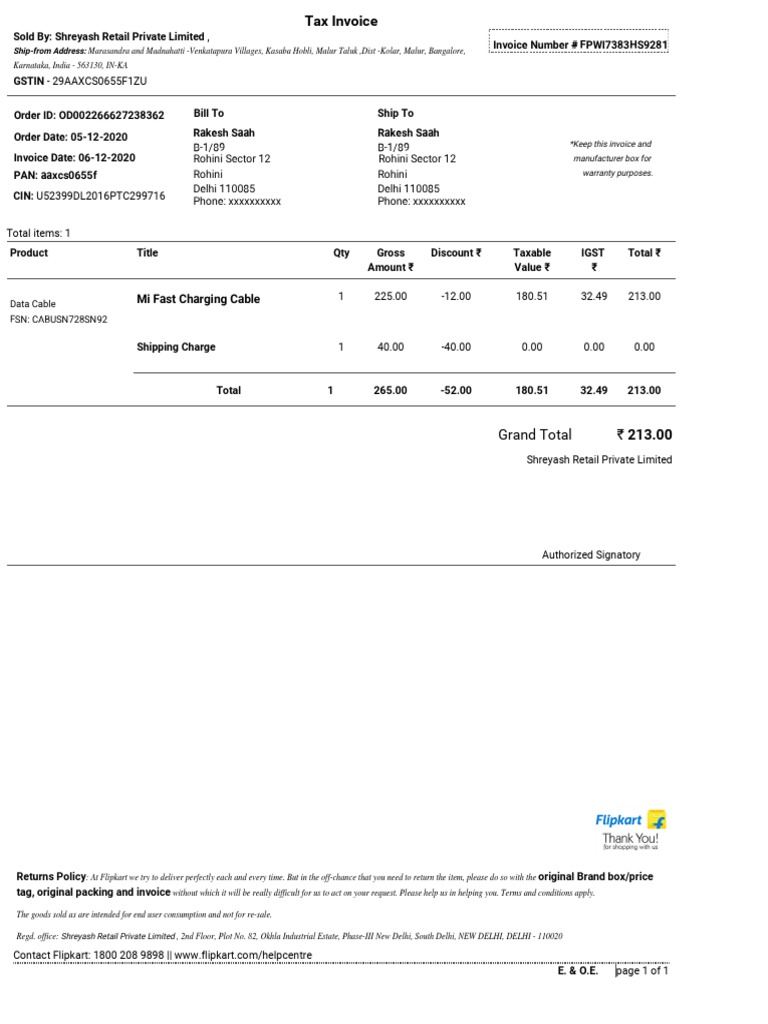 Tax Invoice for the Sale of a Mi Fast Charging Cable from Shreyash ...