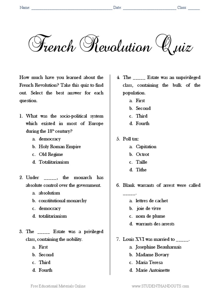 French Revolution Pop Quiz | PDF | French Revolution | Absolute Monarchy