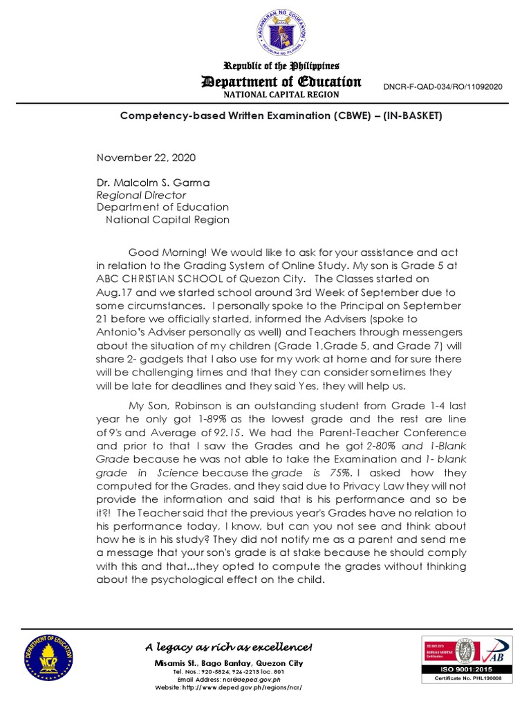 Cbwe Letter of A Parent Complaining About Grade of Her Son | Download Free PDF | Behavior ...