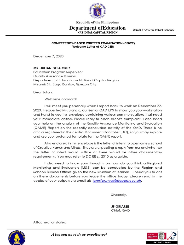 Welcome Letter for QAD CES Supervisor | PDF