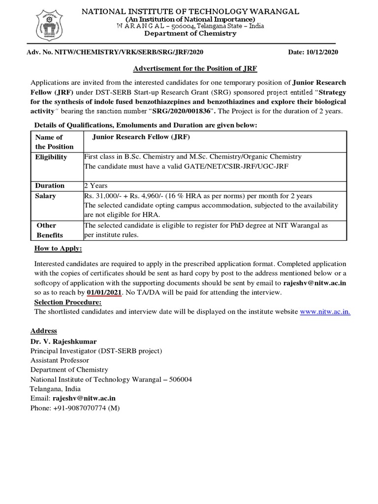 DST-SERB-SRG JRF Notification and Application | PDF
