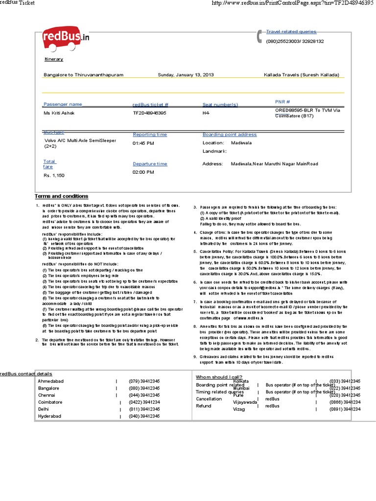 RedBus Ticket Format and Guidelines | PDF | Ticket (Admission) | Bus