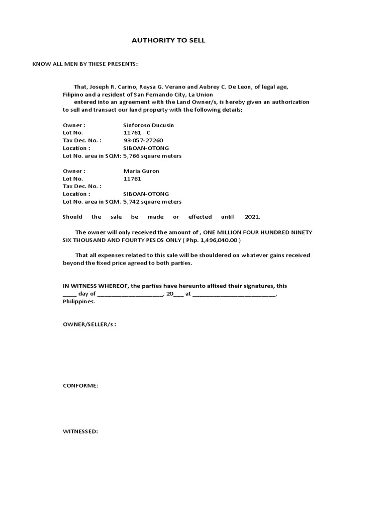 Authority To Sell: IN WITNESS WHEREOF, The Parties Have Hereunto ...