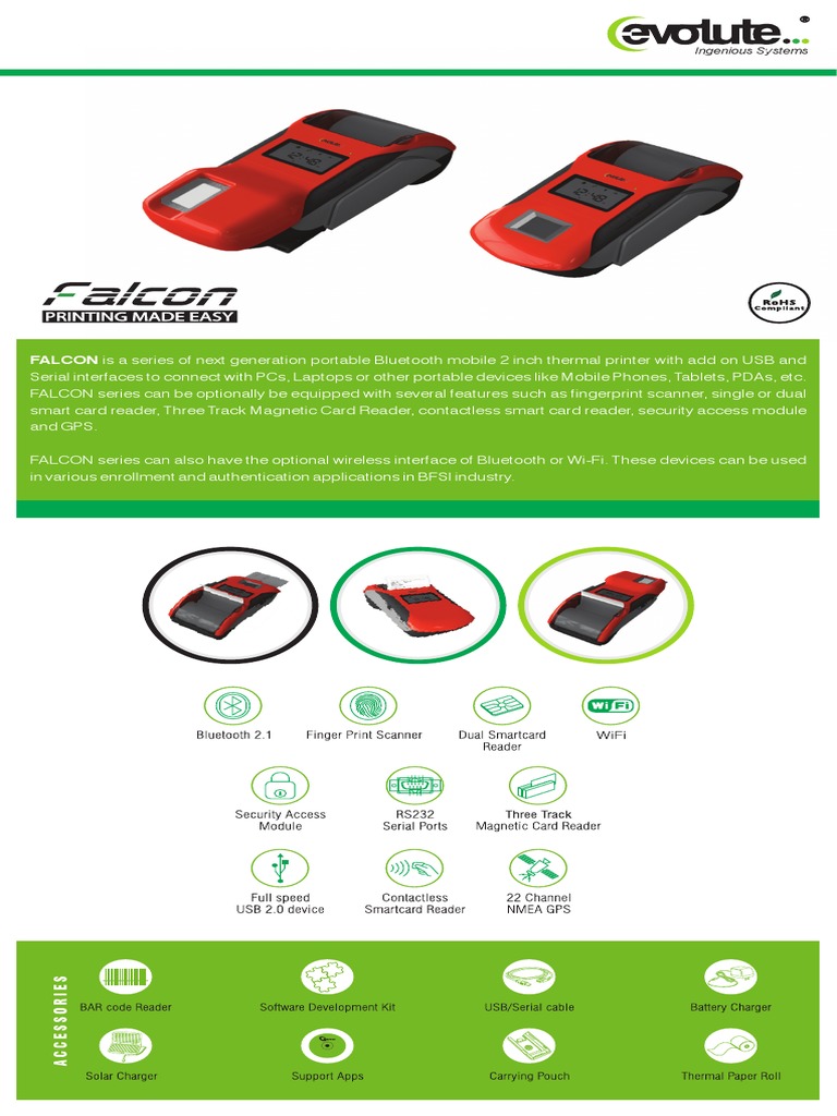 Evolute Falcon Mobile Printer Brochure | PDF | Smart Card | Bluetooth