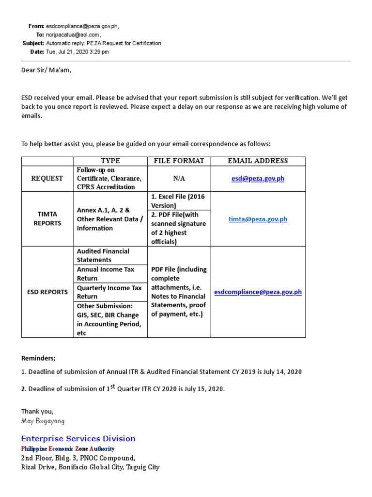 E-Mails For PEZA Compliance | PDF