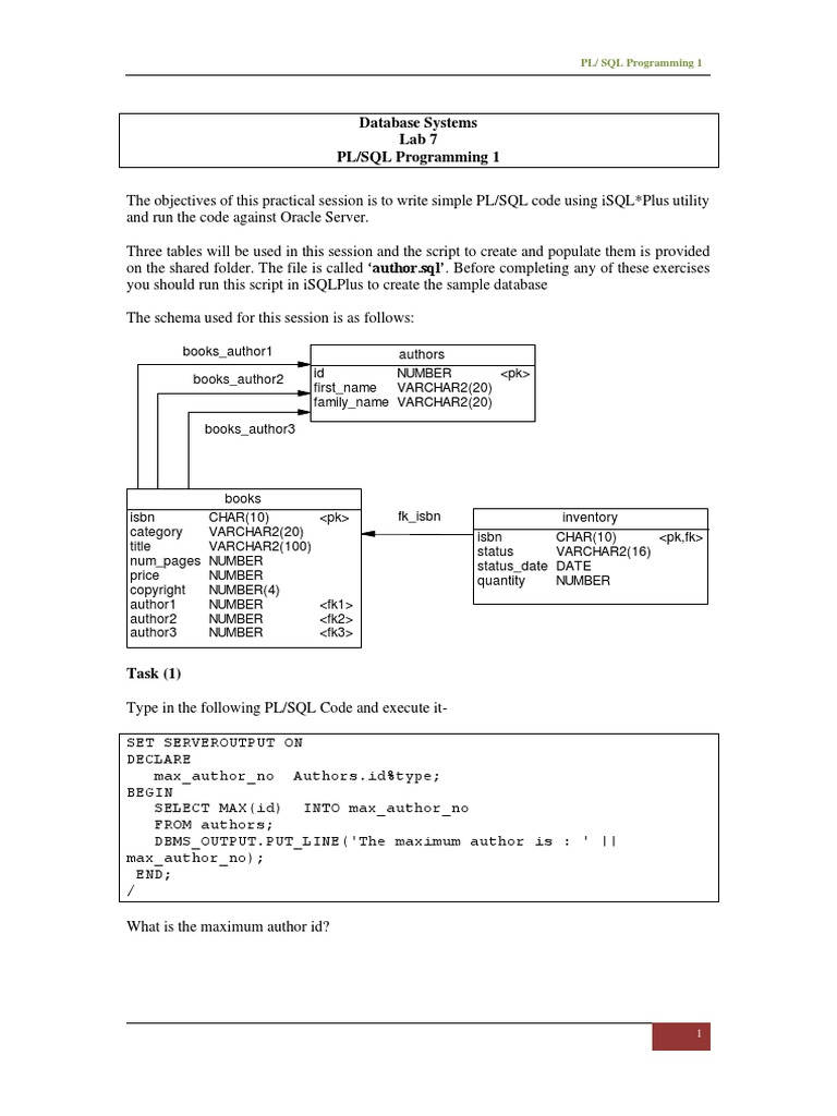 Database Systems Lab 7 PL/SQL Programming 1 | PDF | Pl/Sql | Databases