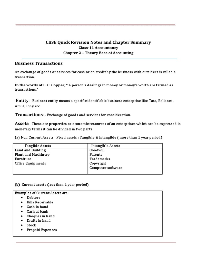 CBSE Quick Revision Notes and Chapter Summary: Class-11 Accountancy ...