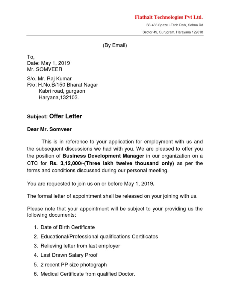 Offer Letter: Subject: Dear Mr. Somveer | PDF