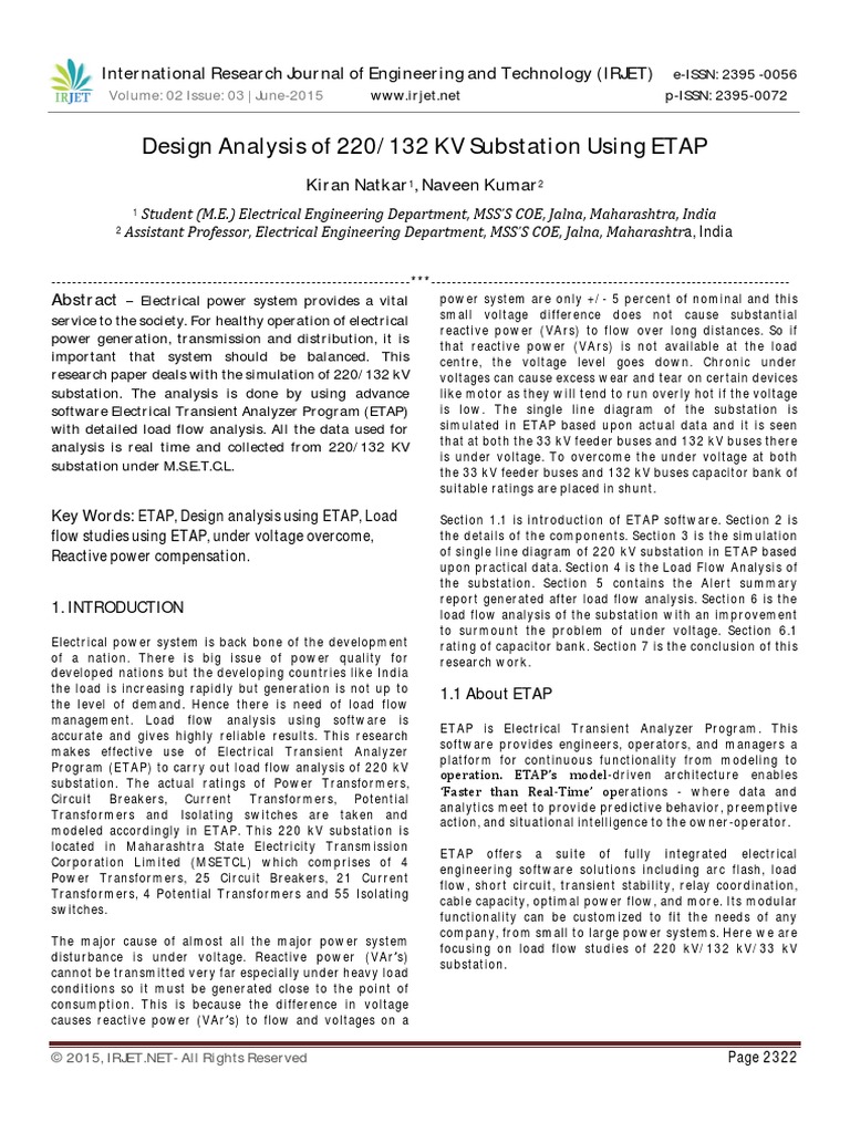 Design Analysis of 220132 KV Substation Using ETAP PDF | PDF ...
