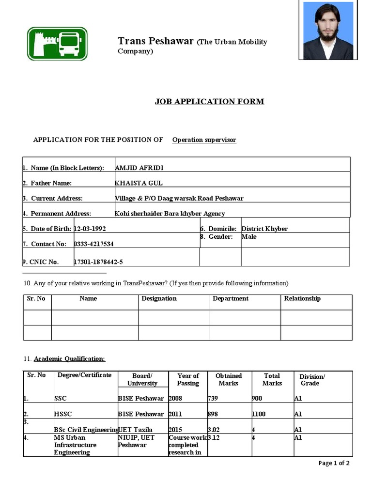 Transpeshawar Application-Form WWW - Jobsalert.pk | PDF | Educational ...