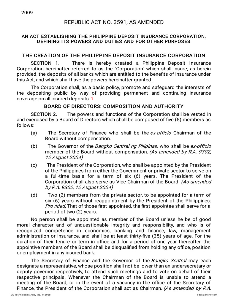 PDIC Act As Amended | PDF | Banks | Board Of Directors