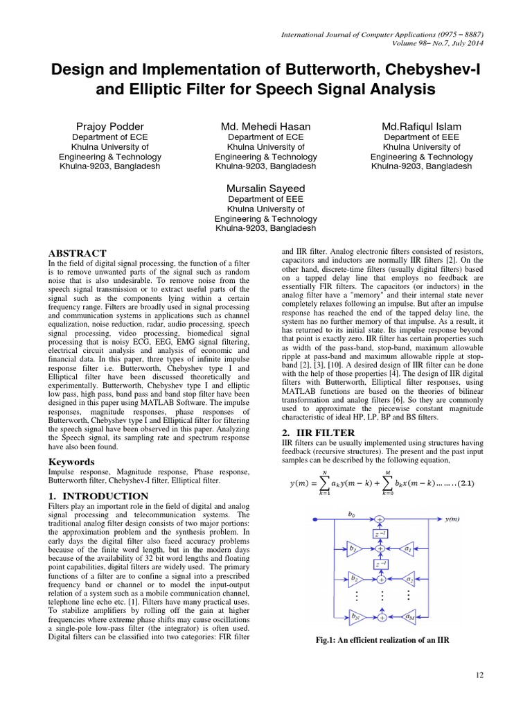 Design and Implementation of Butterworth, Chebyshev-I and Elliptic ...