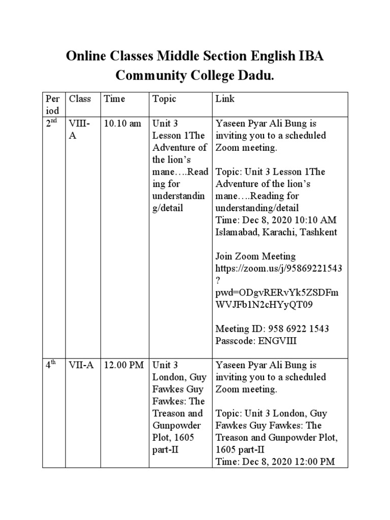 English Online Classes Schedule | PDF