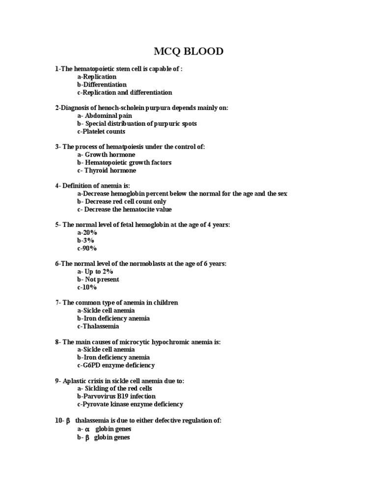 MCQ Blood | PDF | Anemia | Body Fluids