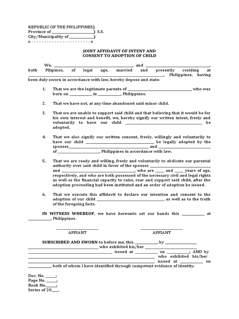 Affidavit of Intent and Consent To Adoption of Child | PDF | Affidavit ...