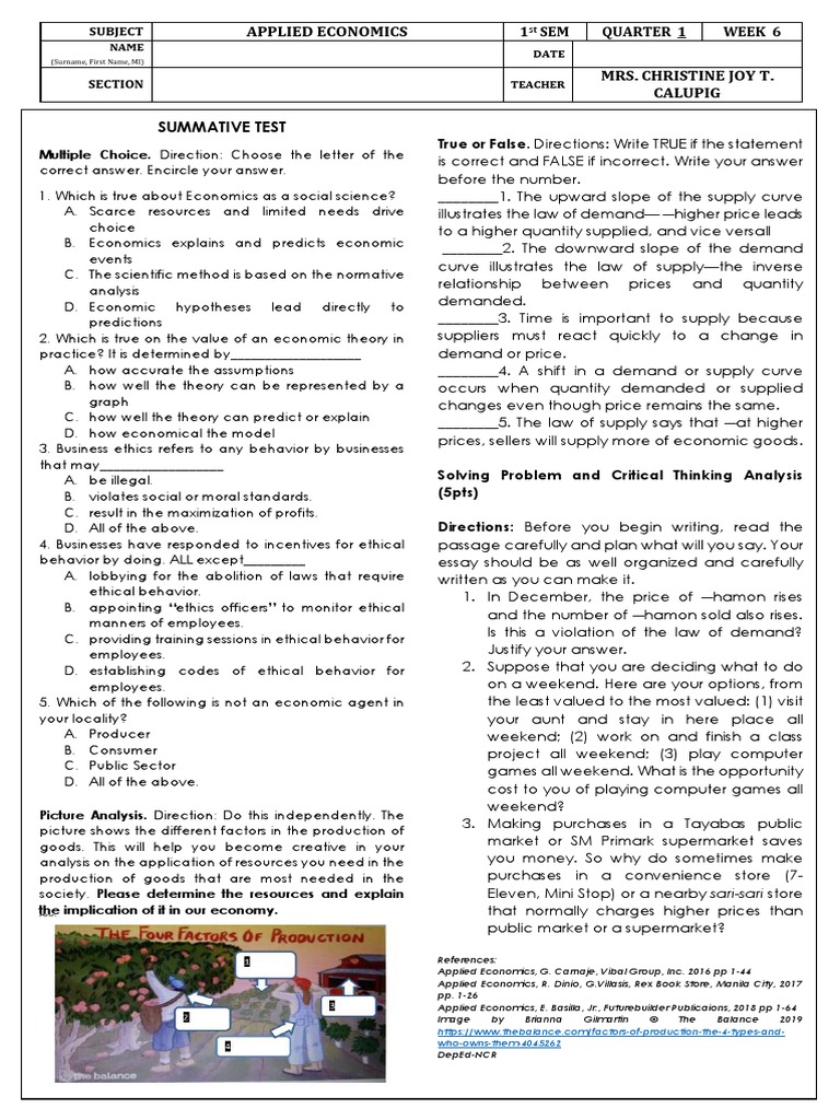 Applied Economics-Summative Test-Edited PDF | PDF | Supply (Economics ...