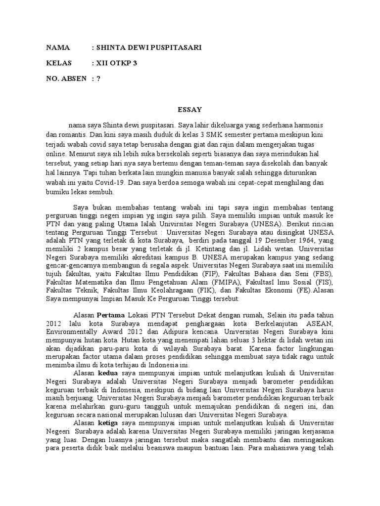 Contoh Essay Masuk Perguruan Tinggi Atau Pdf - Riset