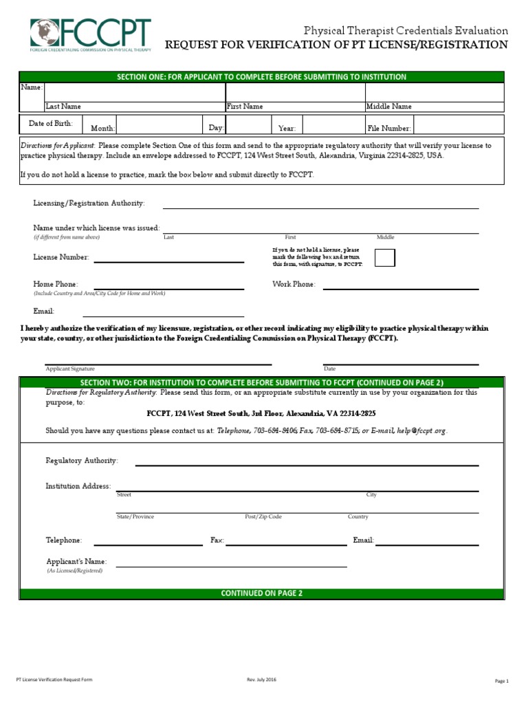 Request For Verification of PT License/Re Gistration: Physical ...