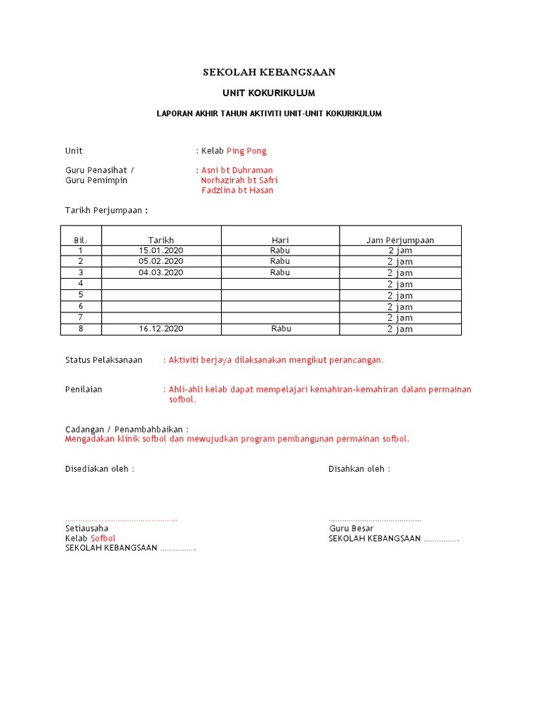 Contoh Laporan Akhir Sukan Unit Koku | PDF
