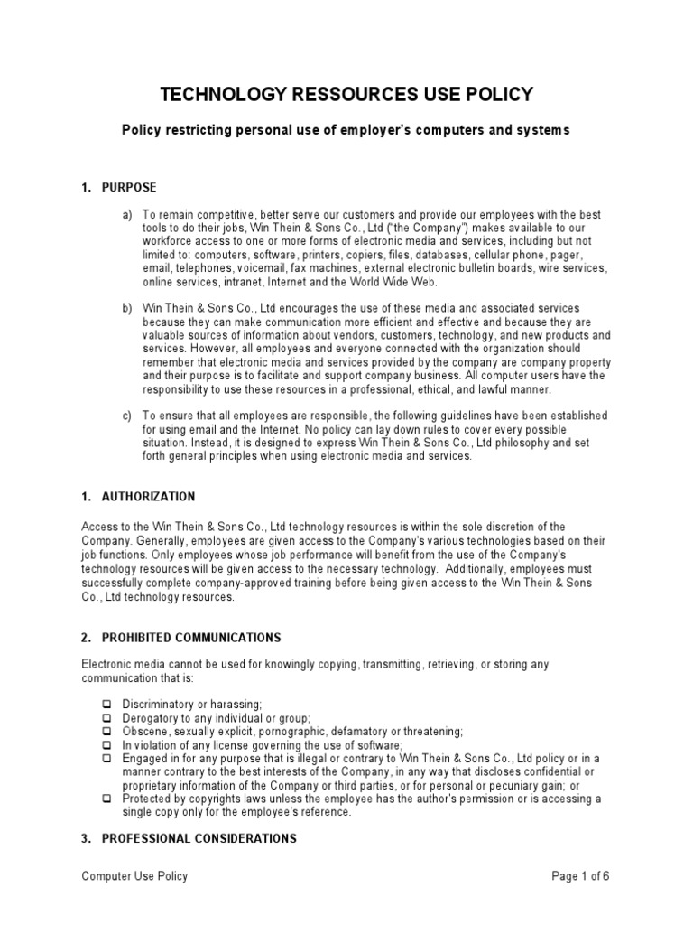 Technology Ressources Use Policy: Policy Restricting Personal Use of ...