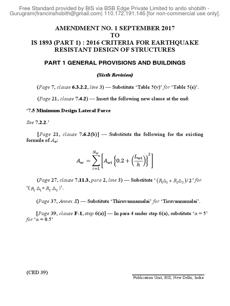Amendment No. 1 September 2017 TO Is 1893 (Part 1) : 2016 Criteria For ...