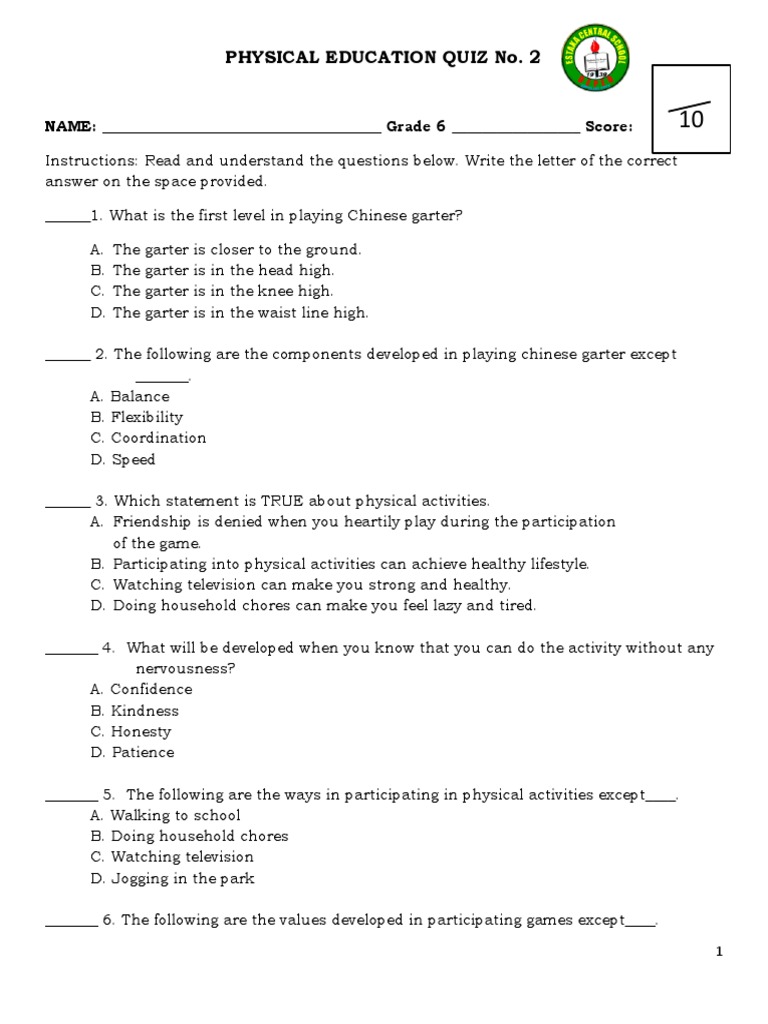 Physical Education Quiz No. 2: NAME: - Grade 6 - Score | PDF | Sports