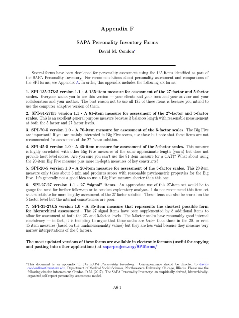 Appendix F: SAPA Personality Inventory Forms | PDF | Data Collection ...