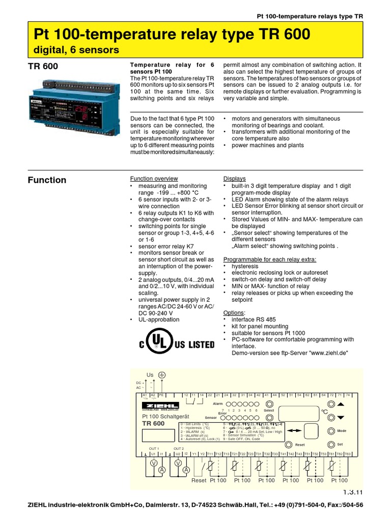 PT 100-Temperature Relay Type TR 600: Digital, 6 Sensors | PDF | Relay ...
