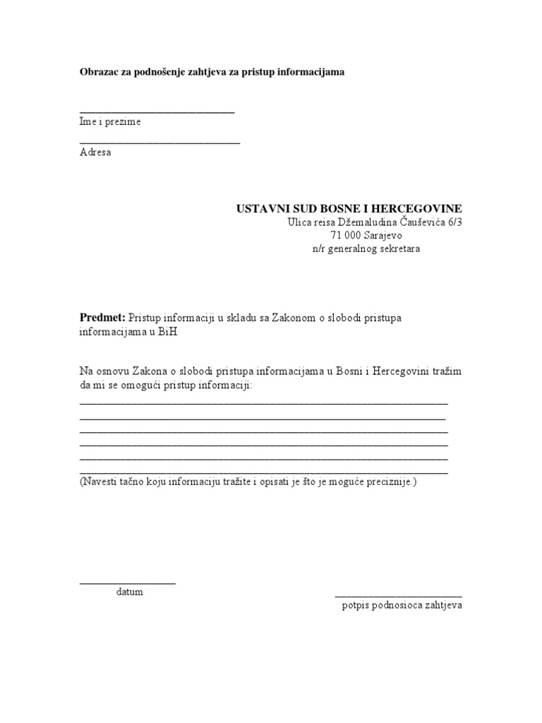 Pristup Informacijama - Obrazac - Bs | PDF