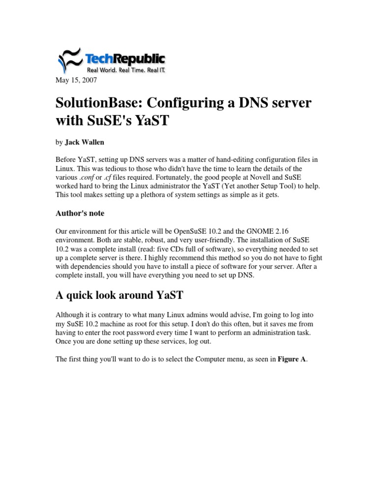 Solutionbase: Configuring A Dns Server With Suse'S Yast | PDF | Domain ...