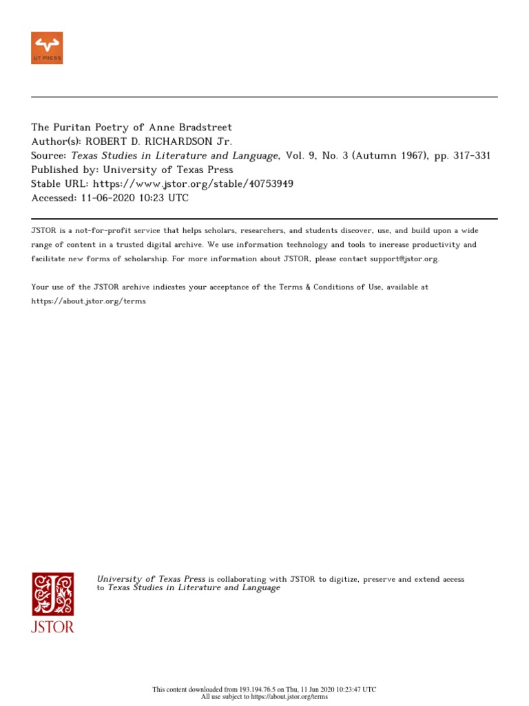 The Puritan Poetry of Anne Bradstreet | PDF | Puritans | Poetry