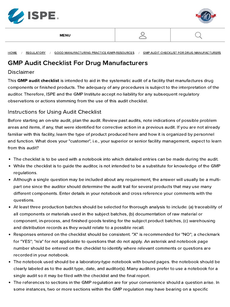 GMP Audit Checklist For Drug Manufacturers - ISPE - International ...