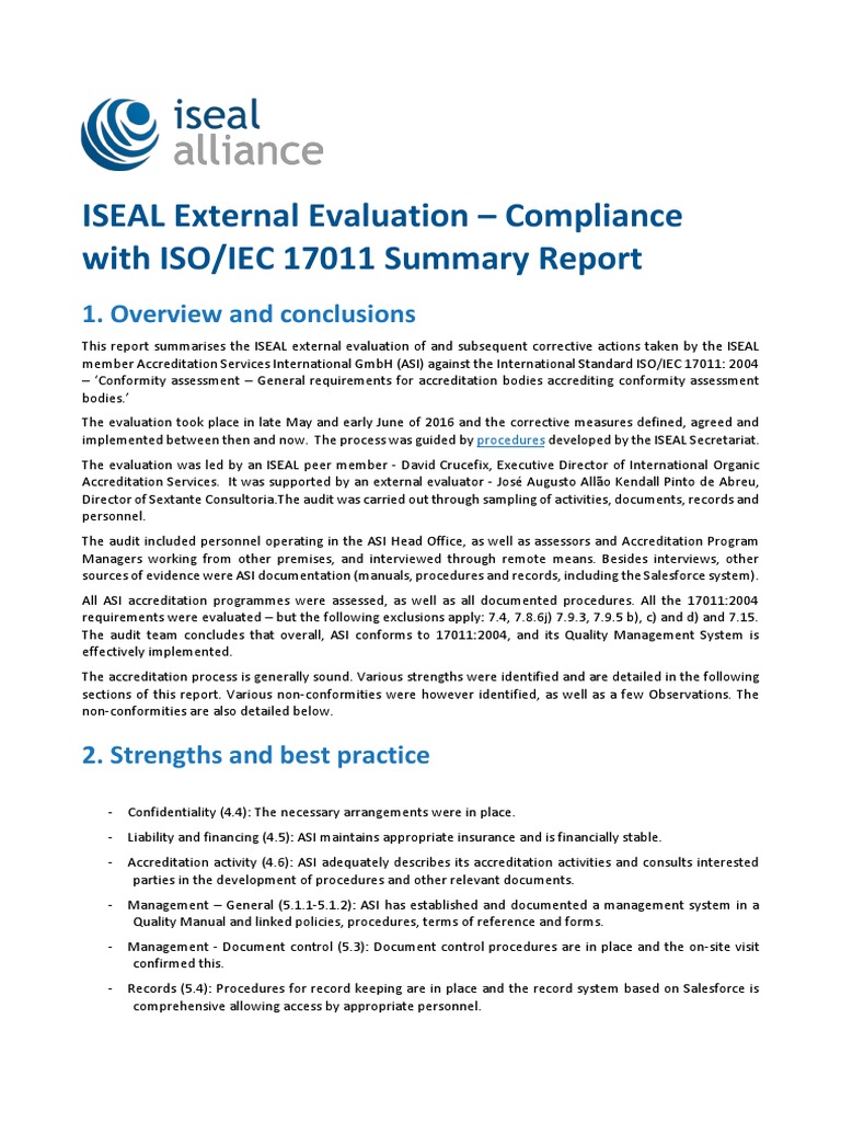 ISEAL External Evaluation - Compliance With ISO/IEC 17011 Summary ...