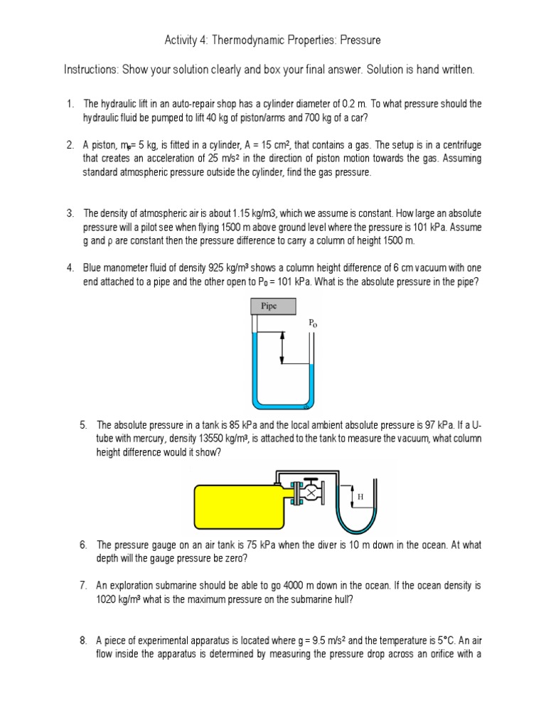 Assignment - Thermodynamic Properties Pressure | PDF | Pressure Measurement | Pressure