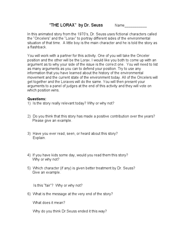 "THE LORAX" by Dr. Seuss: Questions | PDF