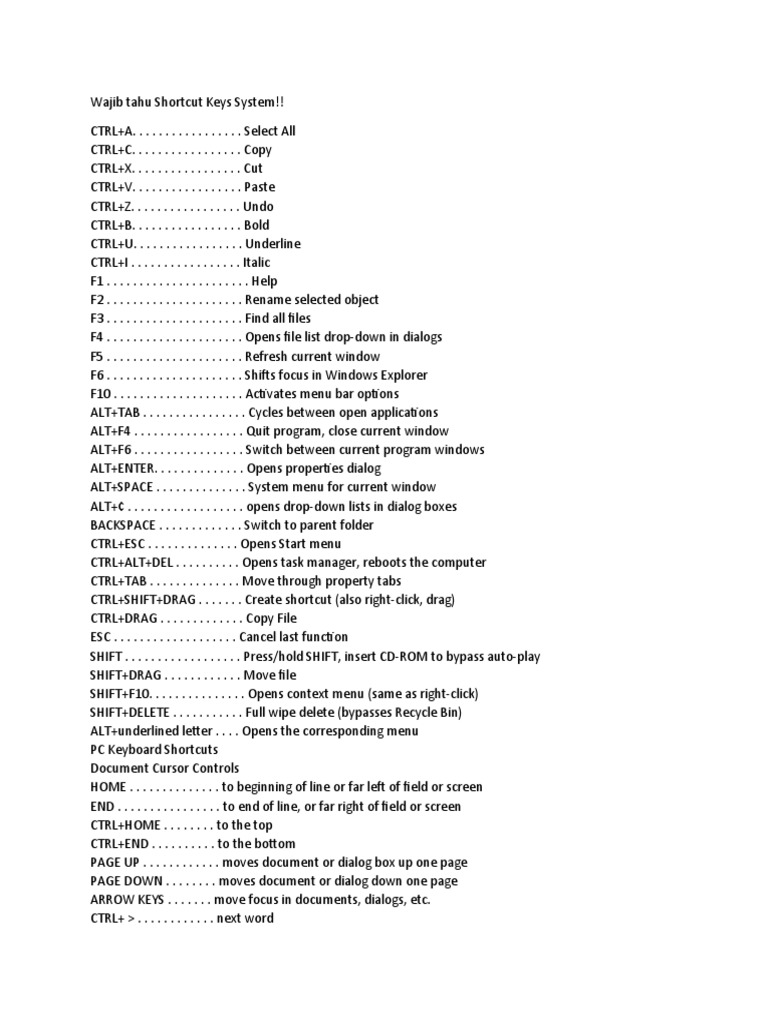 Computer Shortcut Keys System | PDF | Operating System Families | Input ...