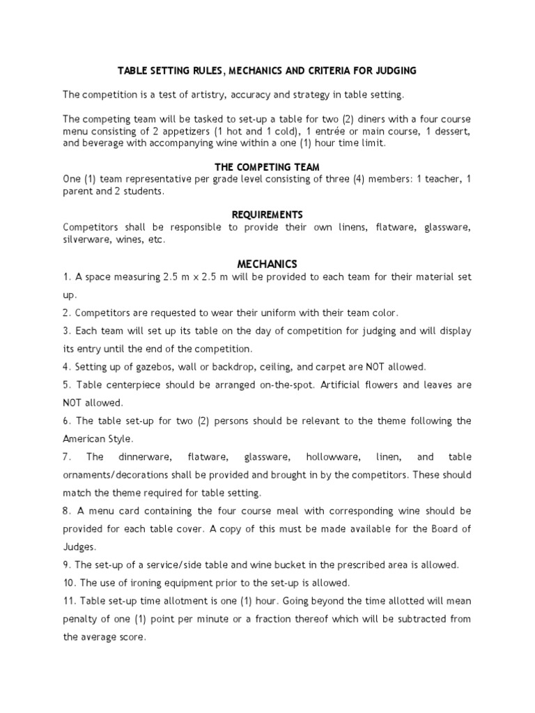 Table Setting Rules, Mechanics and Criteria For Judging | PDF ...