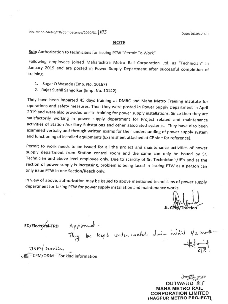 Authorization To Obtain PTW (Permit To Work) | PDF