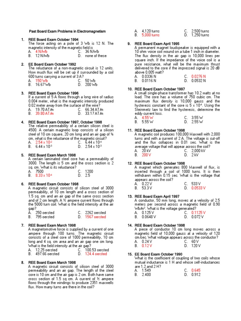 Past Board Exam Questions in Electromagnetism | PDF | Inductance | Inductor