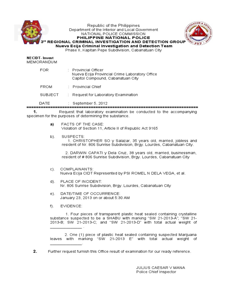 Request For Drug Test and Chemical Analysis | PDF | Police | Criminal Law