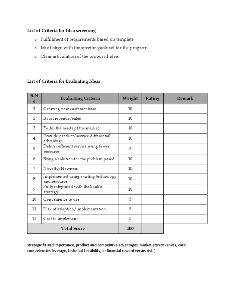 Business Idea Evaluation Criteria | PDF