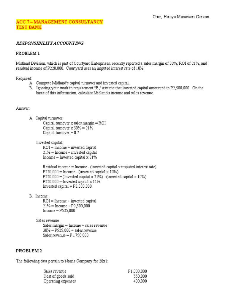 Responsibility Accounting Test Bank | PDF | Revenue | Cost Of Capital