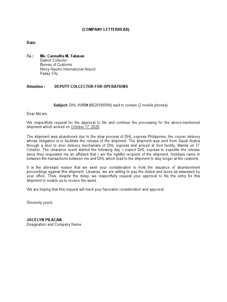 DHL Shipment Approval Request Letter | PDF