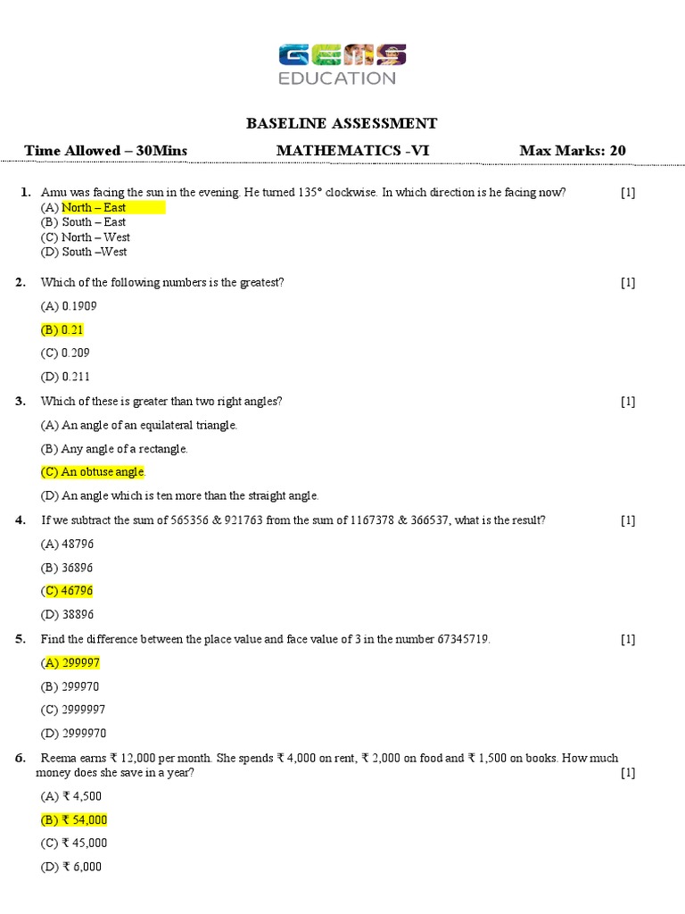 6th Standard Maths Baseline Assessment 2024 | PDF | Euclid | Elementary ...