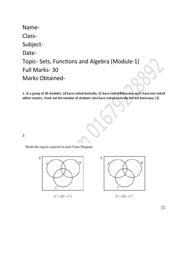 Name-Class - Subject - Date - Topic - Sets, Functions and Algebra ...