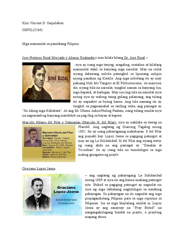 Mga Manunulat Sa Panitikang Filipino | PDF