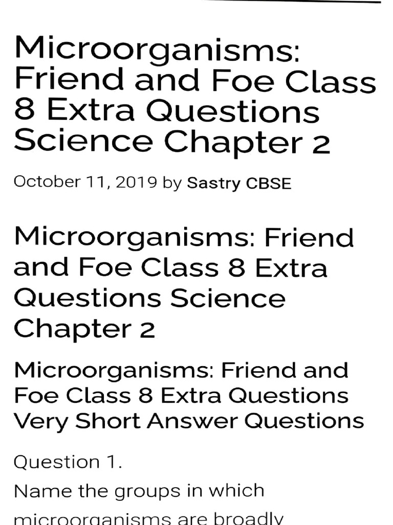 Microorganisms: Friend and Foe Class 8 Extra Questions Science Chapter | PDF | Microorganism | Yeast