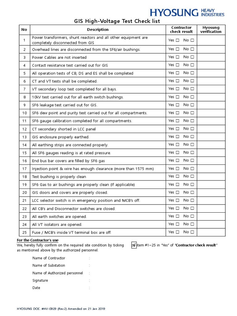 GIS High-Voltage Test Check List: No Description Contractor Check ...