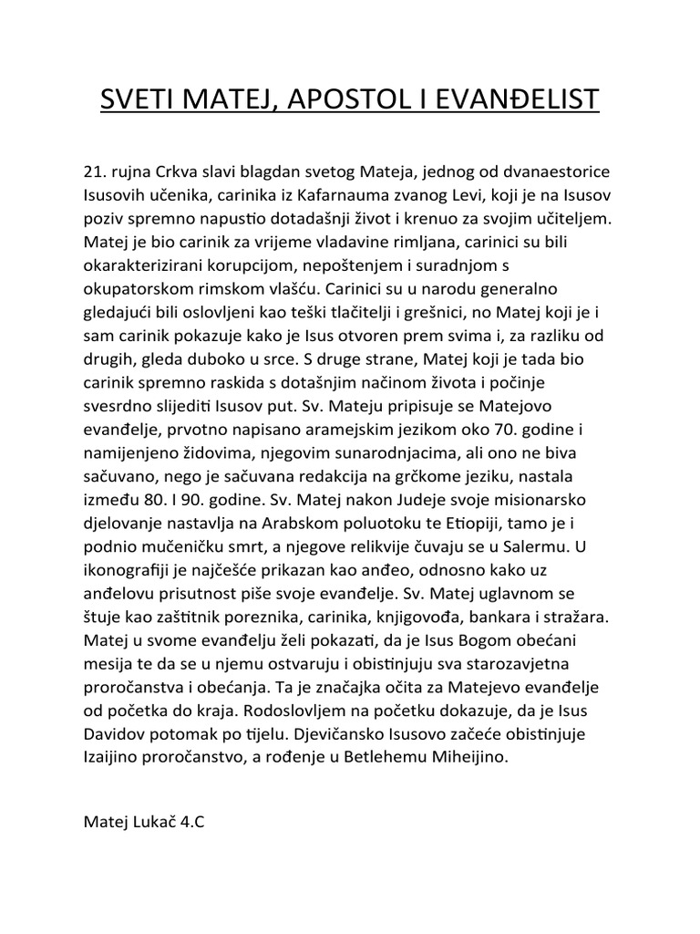 Sv. Matej - Vjeronauk | PDF