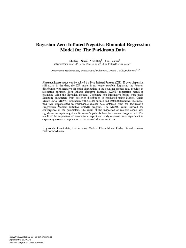 Bayesian Zero Inflated Negative Binomial Regression Model For The Parkinson Data | Download Free ...